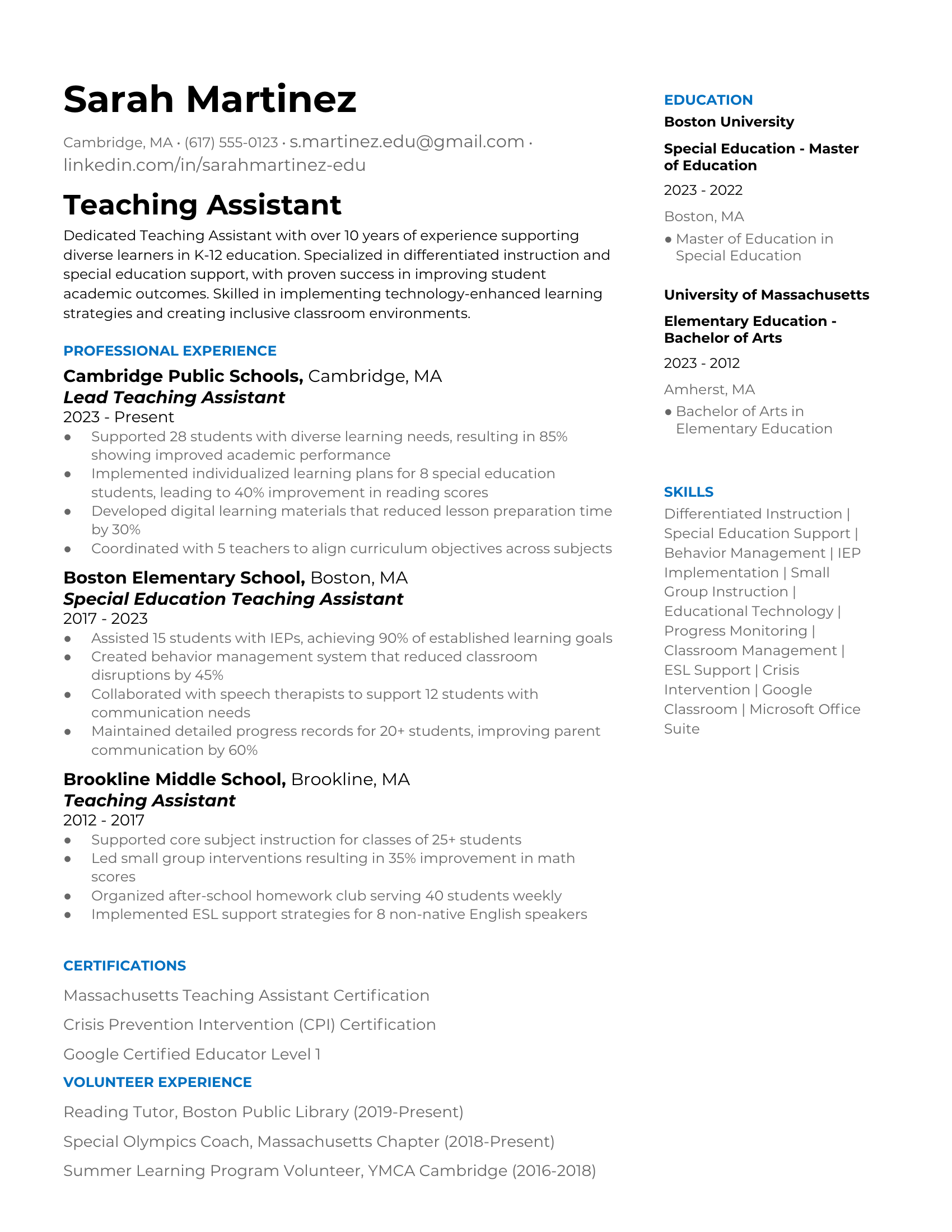 Teaching Assistant in Education Resume Examples & Tips for 2025 | Careerday